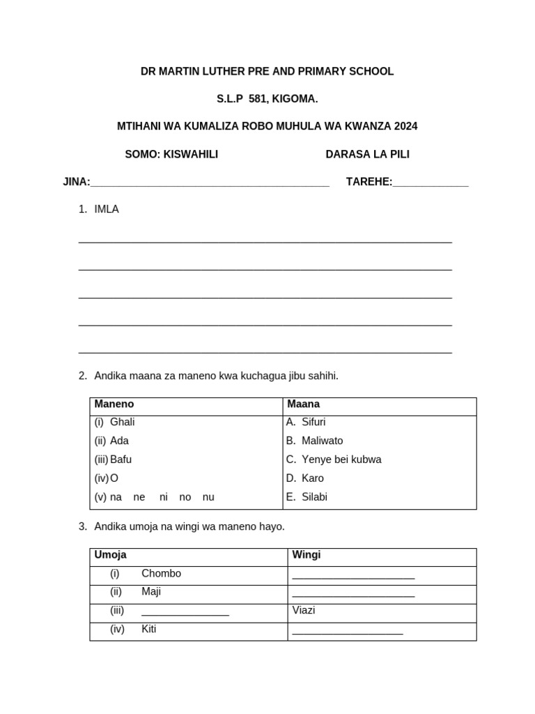 Kiswahili Darasa La Pili Robo Muhula 2024 | PDF