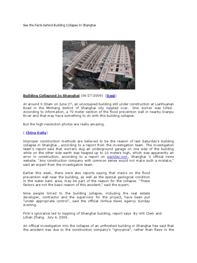 See The Facts Behind Building Collapse in Shanghai | PDF | Deep ...
