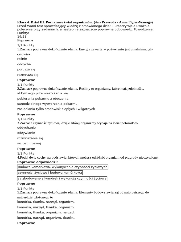 Klasa 4. Dział III. Poznajemy Świat Organizmów. (4a - Przyroda - Anna Figler-Wanago) | PDF