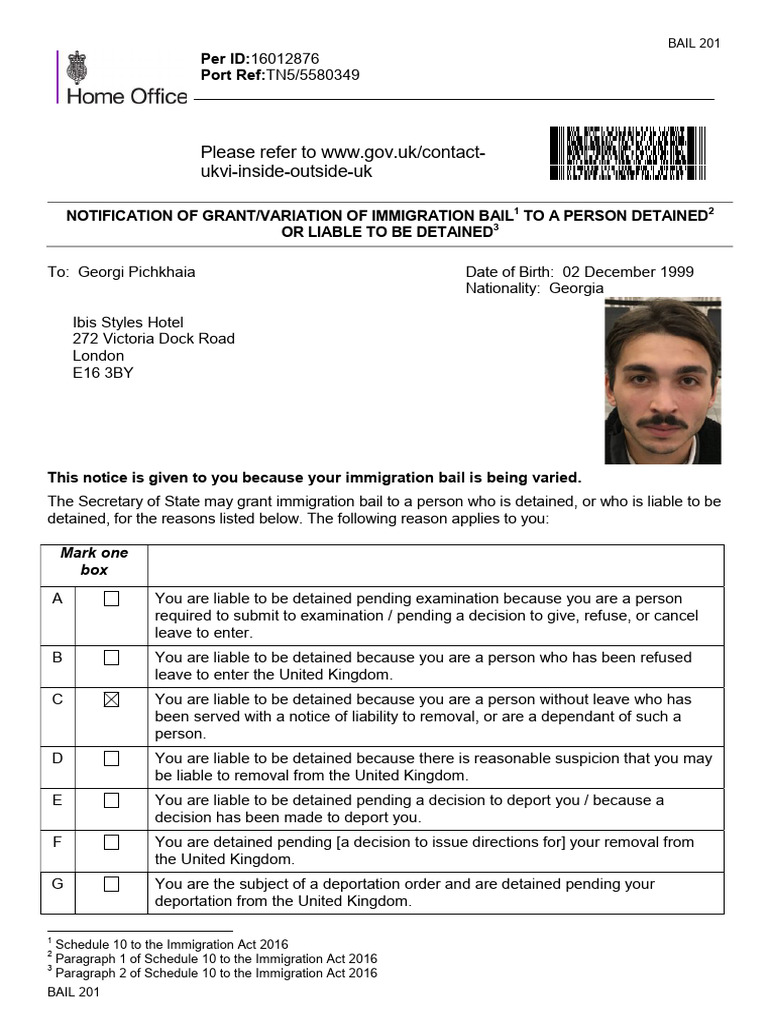 Notification Letter - Georgi Pichkhaia | PDF | Bail | Immigration Detention