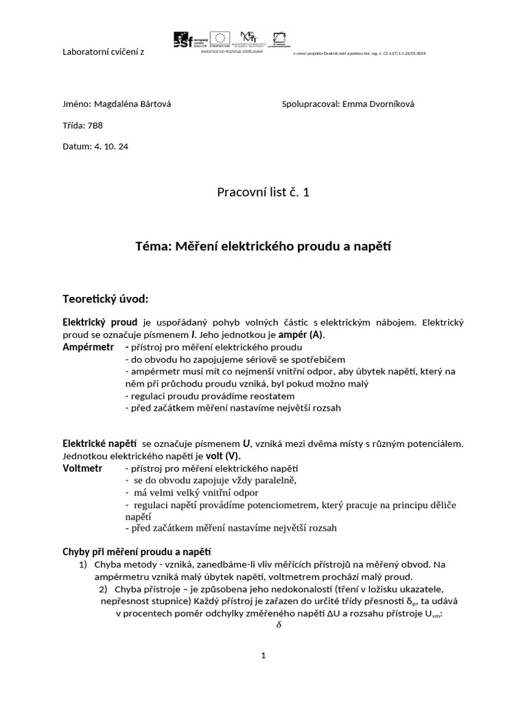 LP Měření Proudu A Napětí (Kopie) | PDF