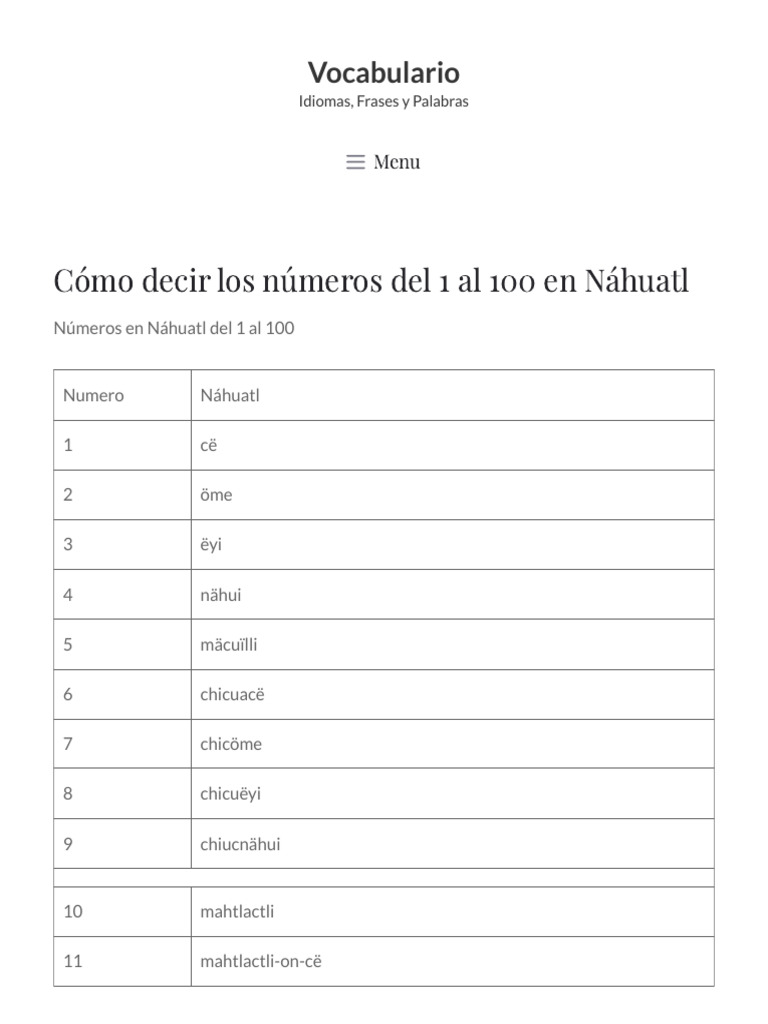 Números en Náhuatl Del 1 Al 100 - Vocabulario | PDF