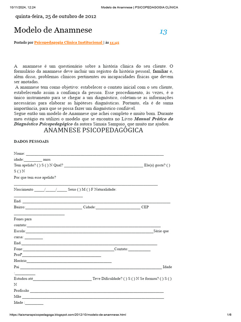 Anamnese Psicopedagógica Completa | PDF | Família | Especialidades médicas
