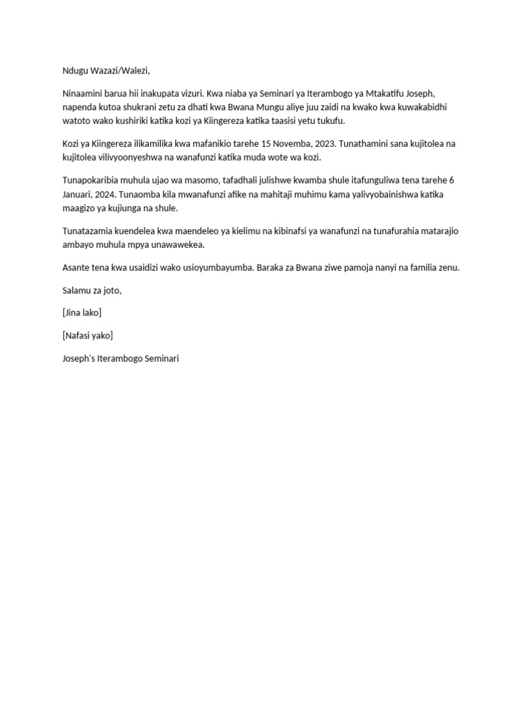 Barua Kwa Wazazi Wa Pre - Form One 2023 | PDF