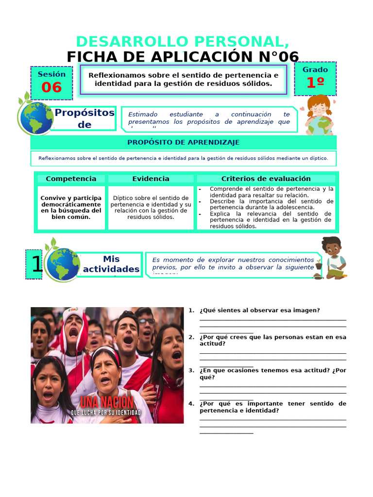 1° Ficha de Aplicación - Sesión6 - Sem.4 - Exp.v - DPCC | PDF | Crecimiento personal y ...