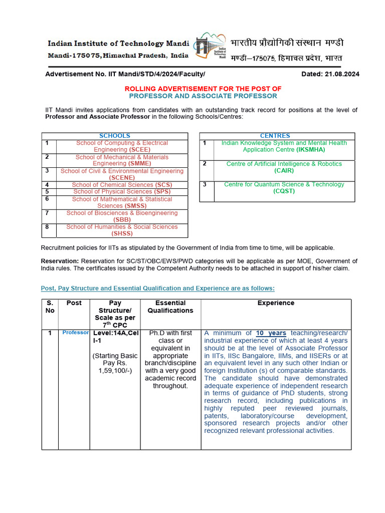 IIT Mandi Faculty Recruitment 2024 | PDF | Doctor Of Philosophy