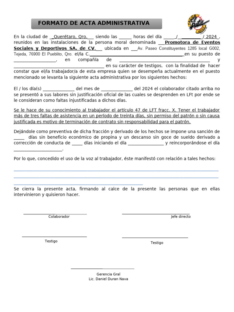 Acta Administrativa Falta Injustificada | PDF