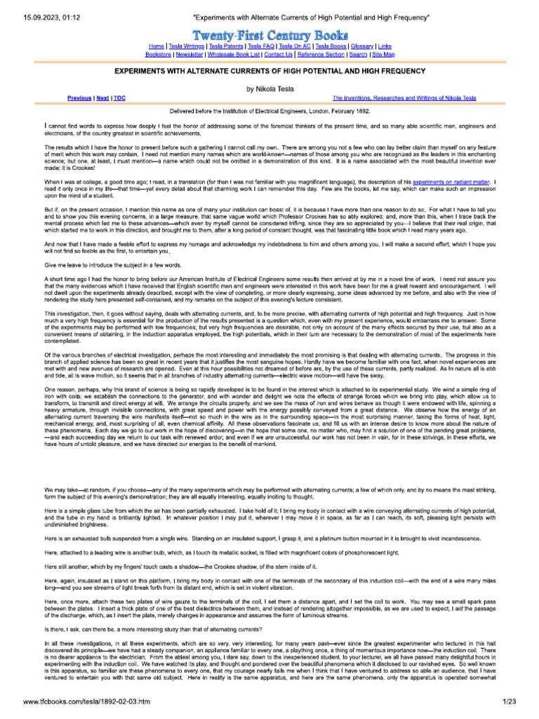 Experiments With Alternate Currents of High Potential and High ...