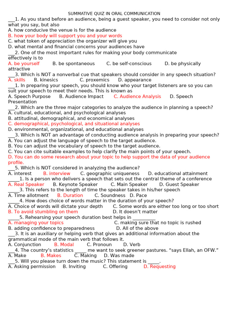 Summative Quiz in Oral Communication | PDF | Verb | Speech