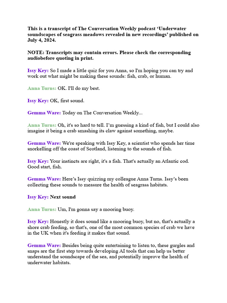 Seagrass Soundscapes Transcript | PDF | Sound | Habitat