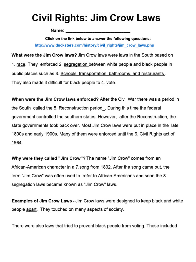 Jim Crow Laws Internet Scavenger Hunt Activity 2 | PDF | Jim Crow Laws ...