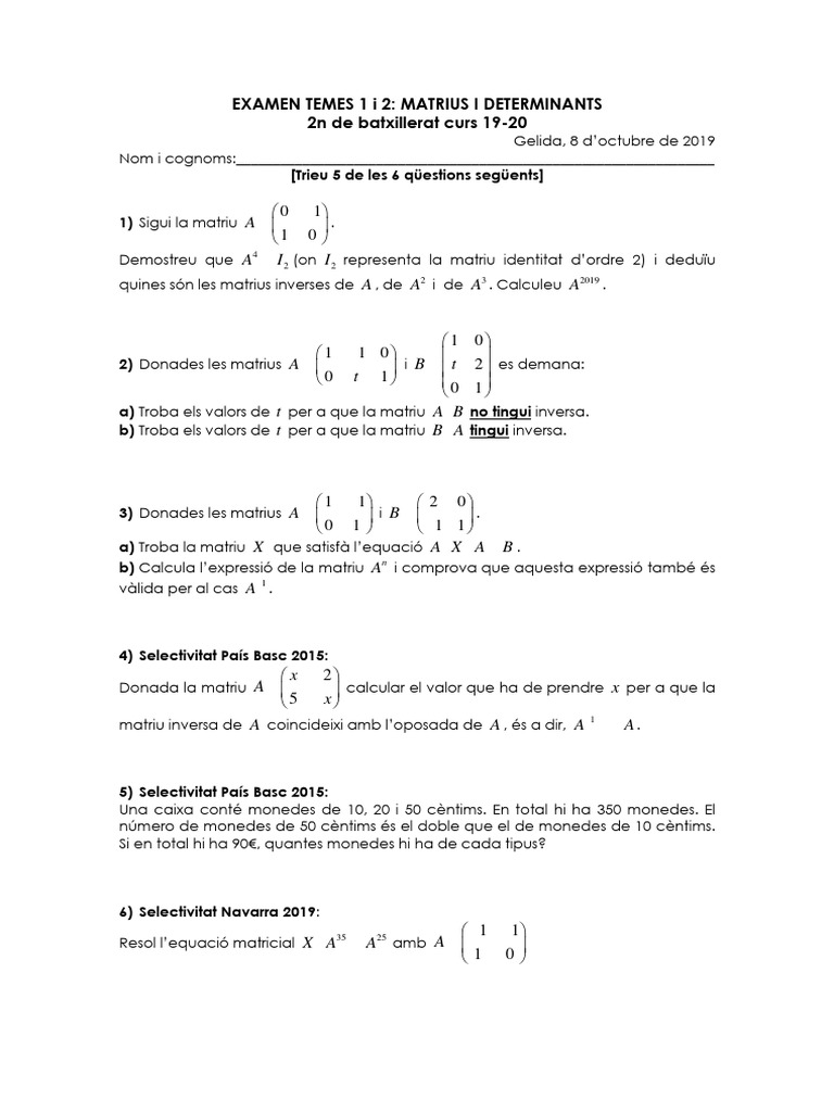 Examen Matrius I Determinants 2n Batxillerat Ciències Curs 19-20 | PDF