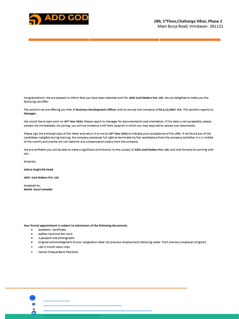 Yusuf Offer Letter ADD - GOD | PDF