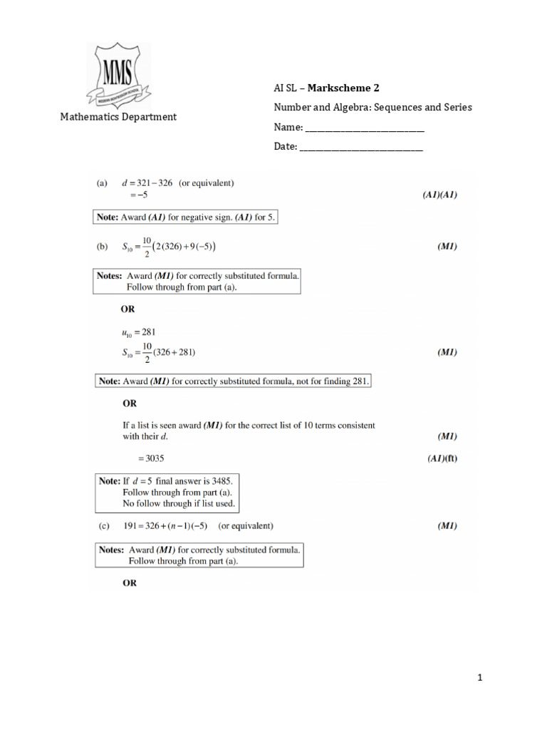 AI SL Markscheme: Sequences & Series | PDF