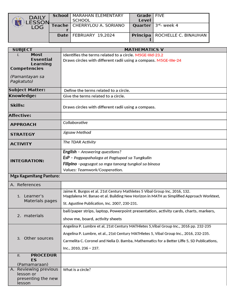 DLP-Mathematics 5-W4-D1 | PDF | Circle | Radius