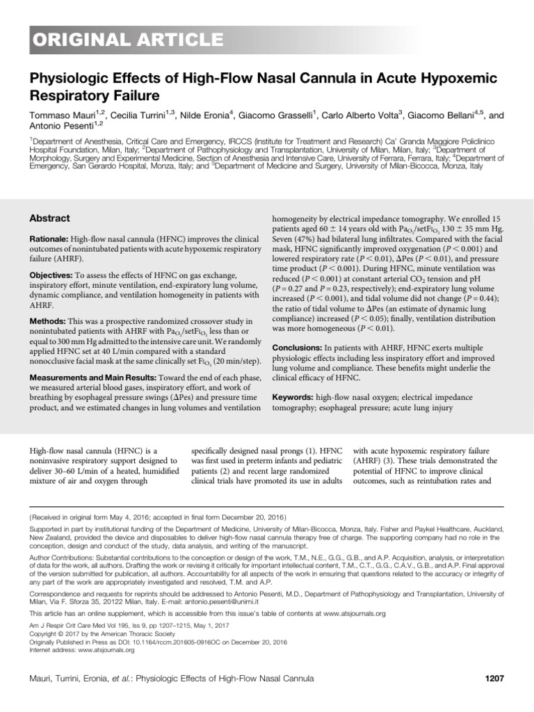 Mauri Et Al 2017 Physiologic Effects of High Flow Nasal Cannula in ...