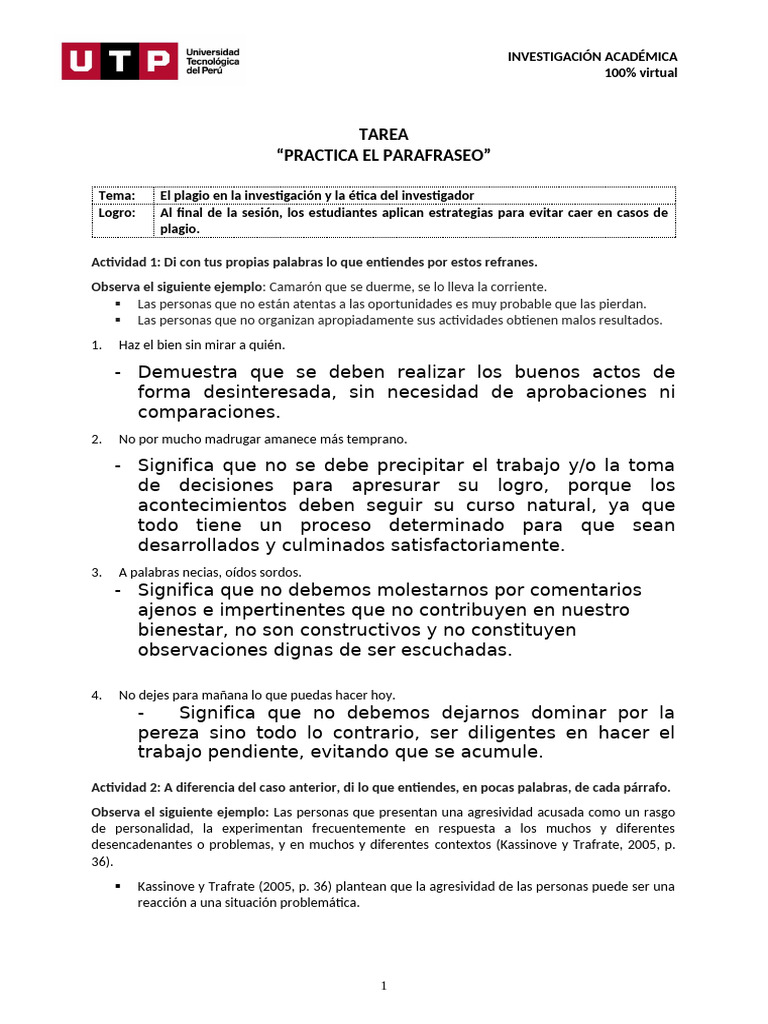 Semana 01 - Documentos - Practica El Parafraseo | PDF | Conocimiento | Plagio