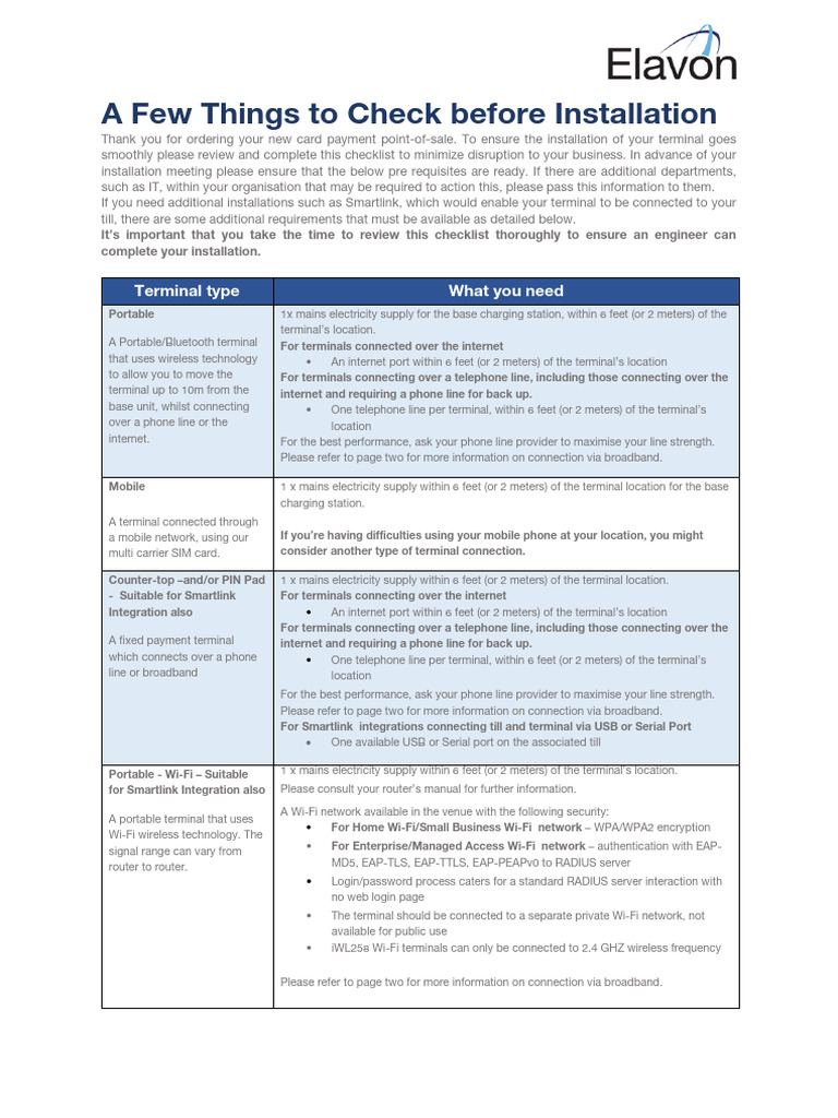 Elavon Terminal Pre-Requisite Checklist | PDF | Ip Address | Computer Networking
