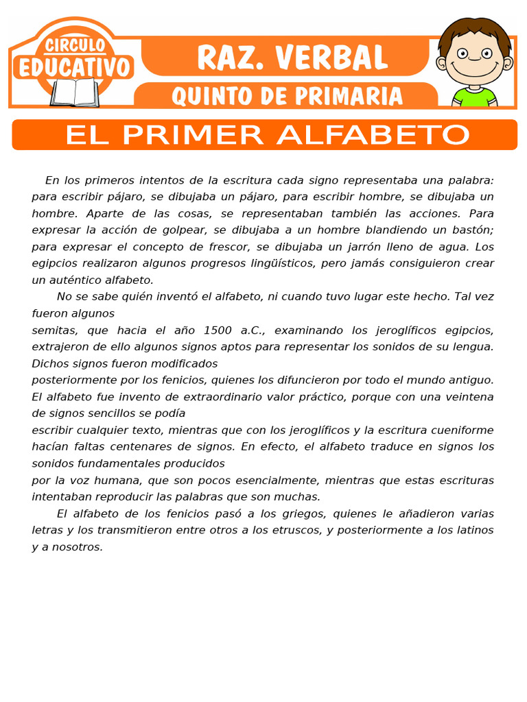 Lectura Sobre El Primer Alfabeto para Quinto de Primaria | PDF ...