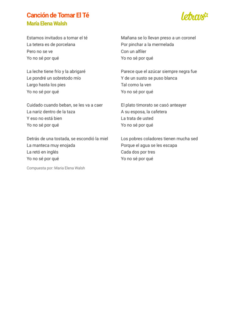 CANCIÓN DE TOMAR EL TÉ - María Elena Walsh (Impresión) | PDF