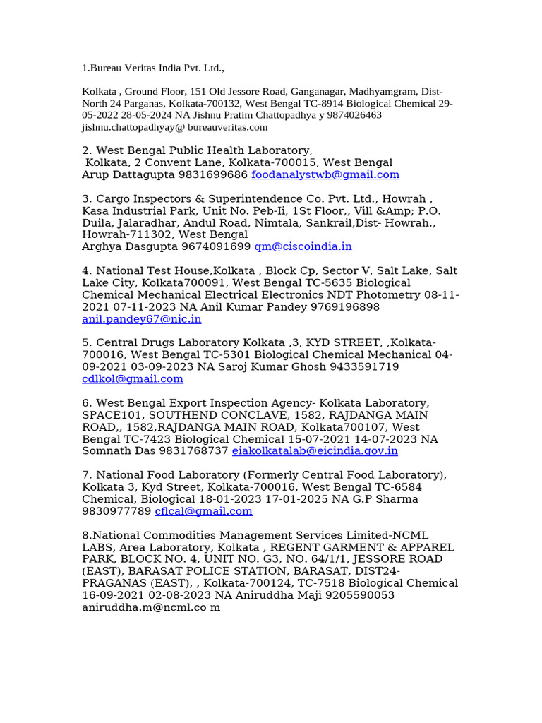 Kolkata Testing Labs Directory | PDF