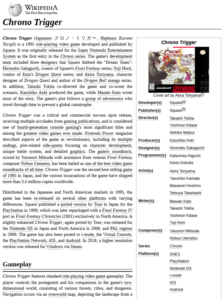 Chrono Trigger Wikipedia Article | PDF | Video Game Development | Gaming