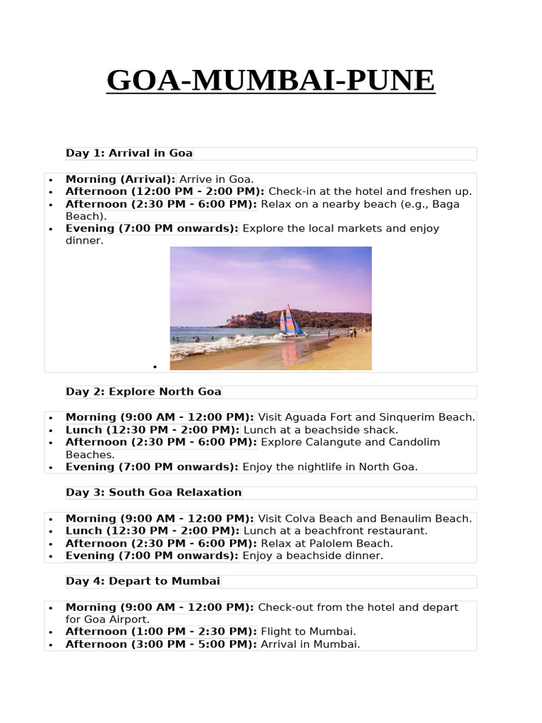 GOA-MUMBAI-PUNE Itinerary | PDF | Hospitality Industry