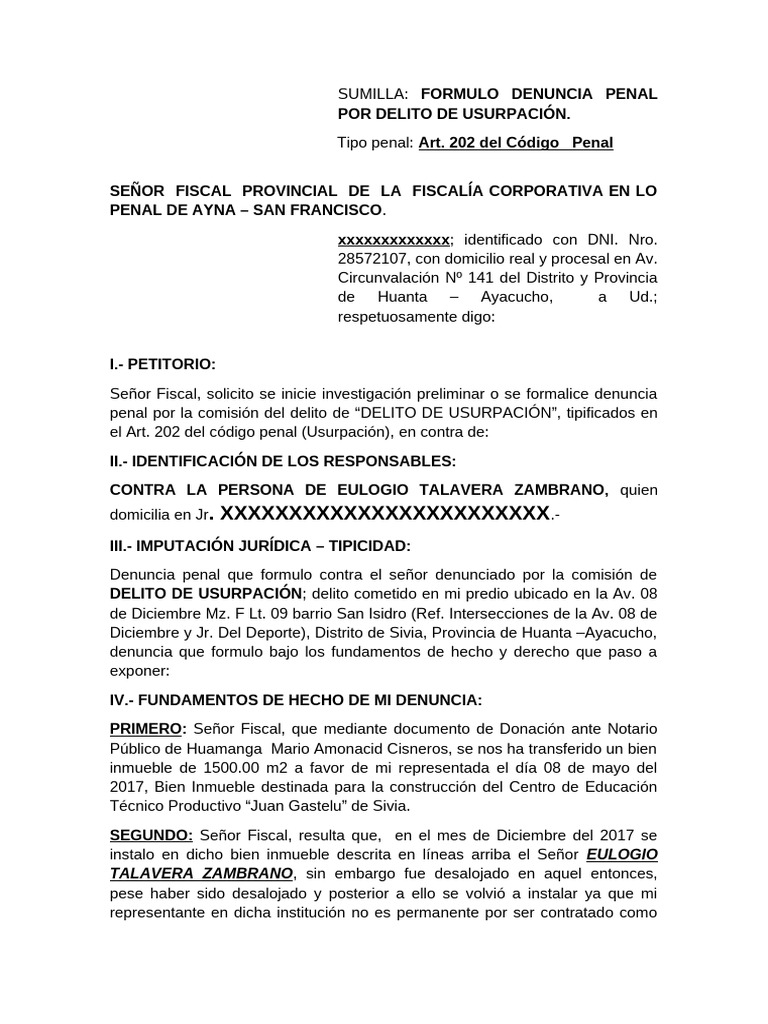 Formulo Denuncia Penal Por Delito de Usurpación Sivia Ugel Huanta | PDF | Ley común | Justicia