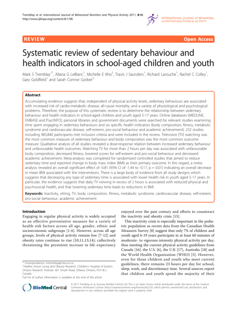 Systematic Review of Sedentary Behaviour Andhealth Indicators in School ...