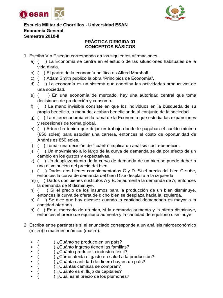 Practica Dirigida 01 - Conceptos de Economia - Agosto 2018 | PDF | Oferta (economía ...