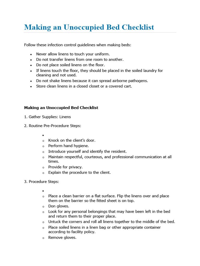 Making An Unoccupied Bed Checklist | PDF | Linens | Bed