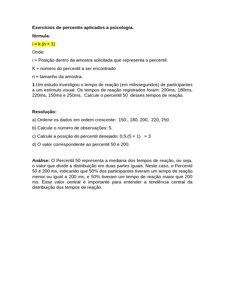 Exercícios de Percentis Aplicados A Psicologia | PDF | Mediana (Estatística) | Psicologia