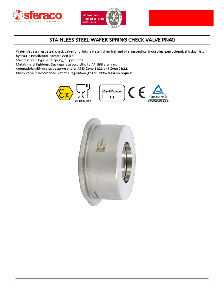 Technical Datasheet Stainless Steel Wafer Disc Check Valve Pn40 | PDF ...