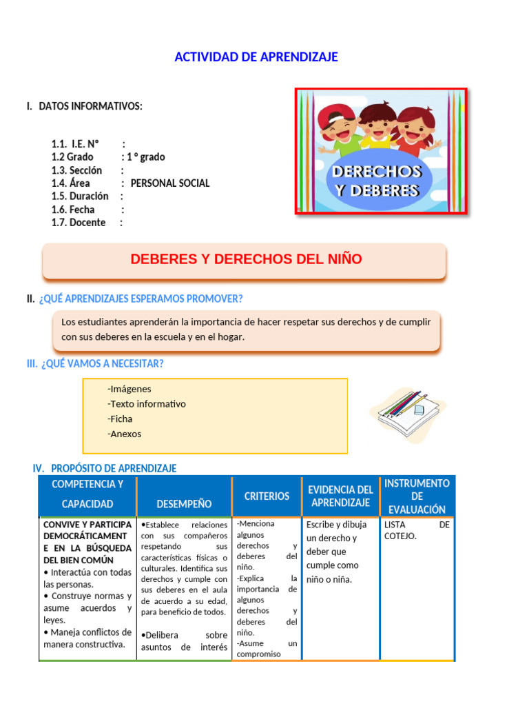 D1 A2 Sesion Ps. Deberes y Derechos Del Niño | PDF | Aprendizaje