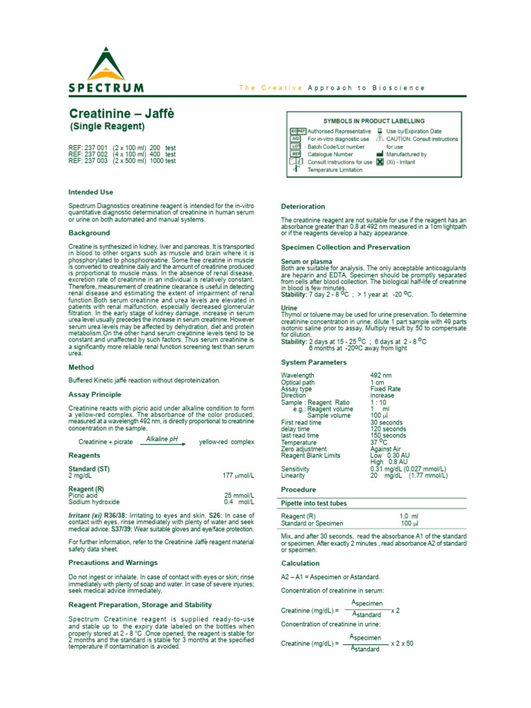 Creatinine - Jaffe Single Reagent | PDF | Creatinine | Kidney
