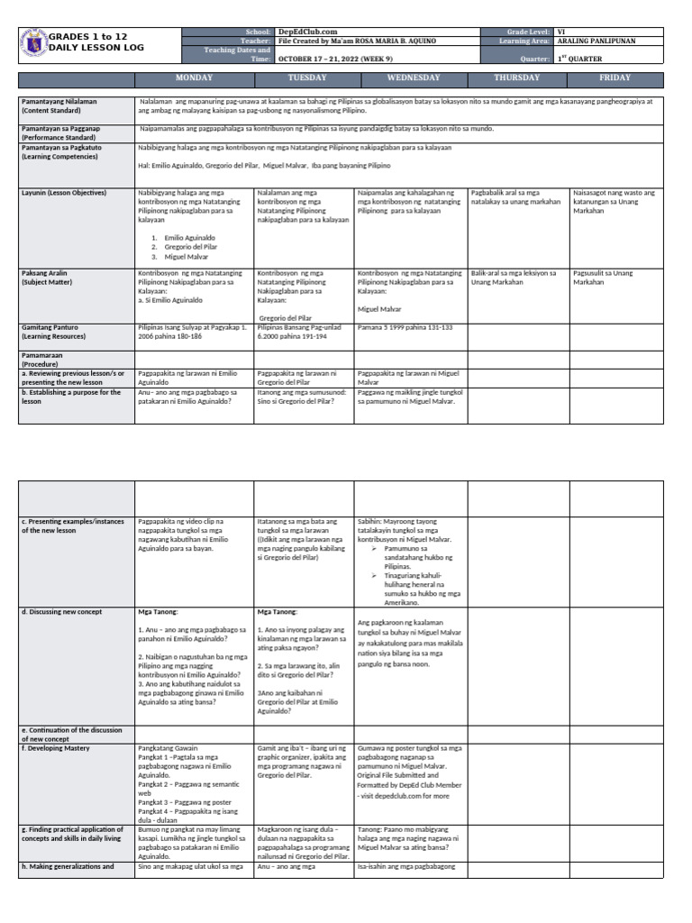 DLL - Araling Panlipunan 6 - Q1 - W9 | PDF