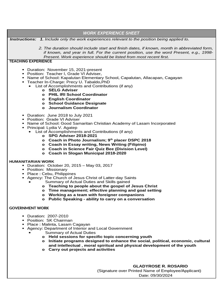 Cs Form No 212 Attachment Work Experience Sheet Pdf