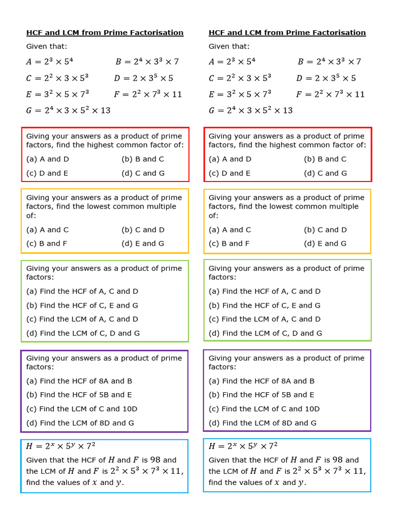 HCF and LCM From Prime Factorisation Practice Strips | PDF