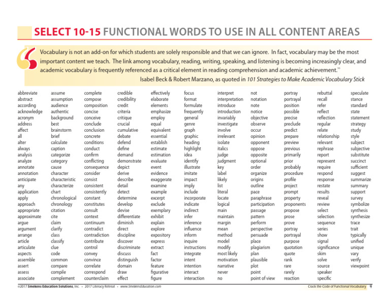 Functional Words To Use in All Content Areas: SELECT 10-15 | PDF ...