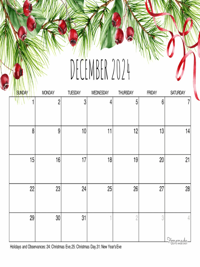 December Calendar 2024 Printable Christmas Landscape | PDF