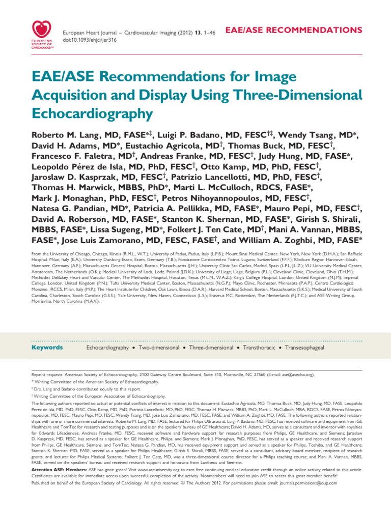 EAE ASE Recommendation Image Acquisition 3D Echo | PDF | Medical Ultrasound | Echocardiography