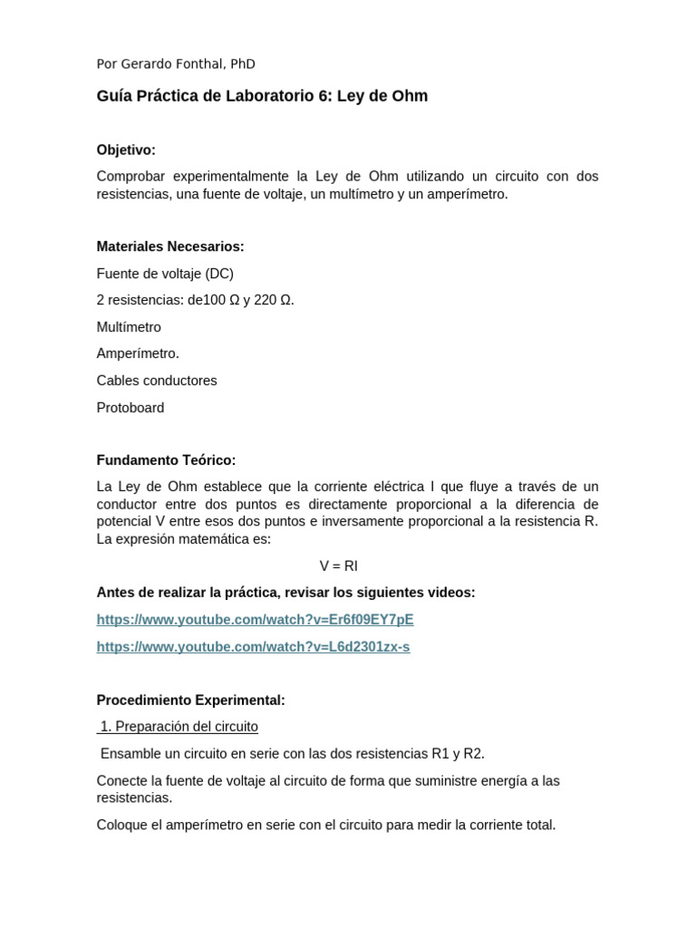 Guía Práctica de Laboratorio 6 | PDF | Resistencia Eléctrica y Conductancia | voltaje