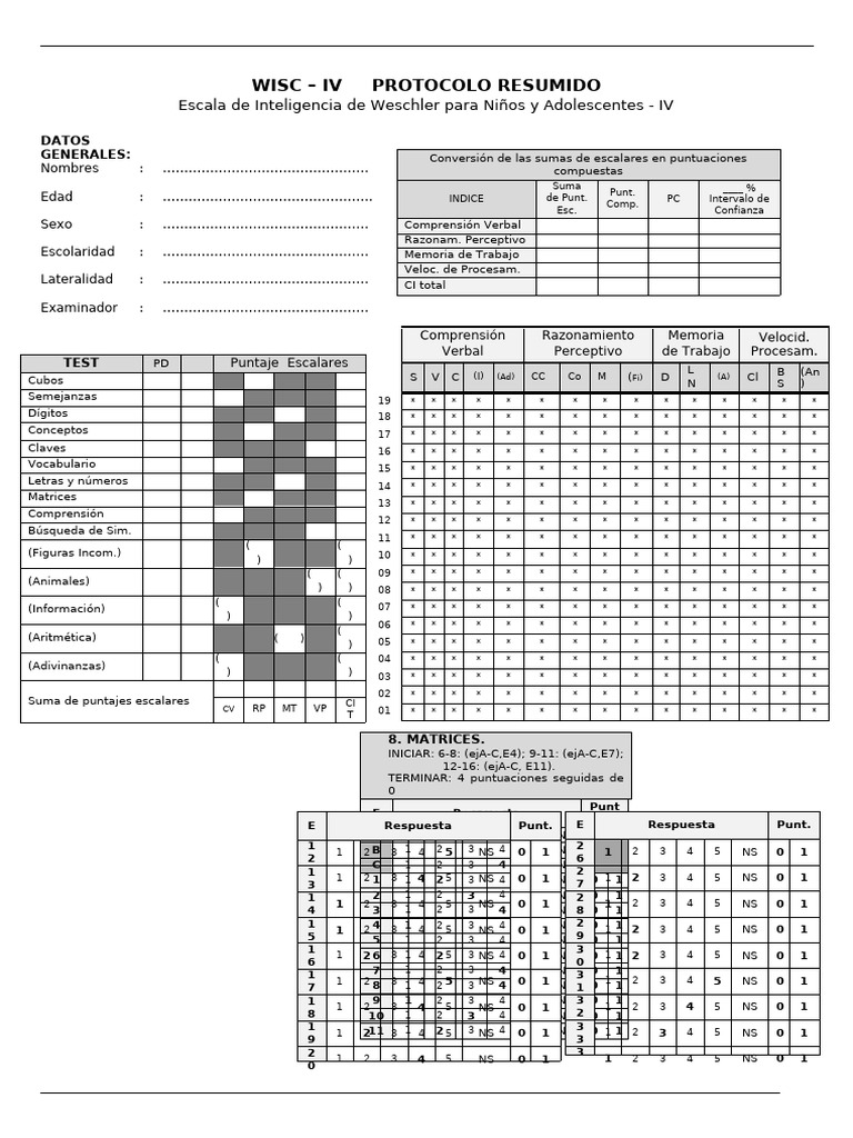 WISC IV Protocolo Resumido | PDF