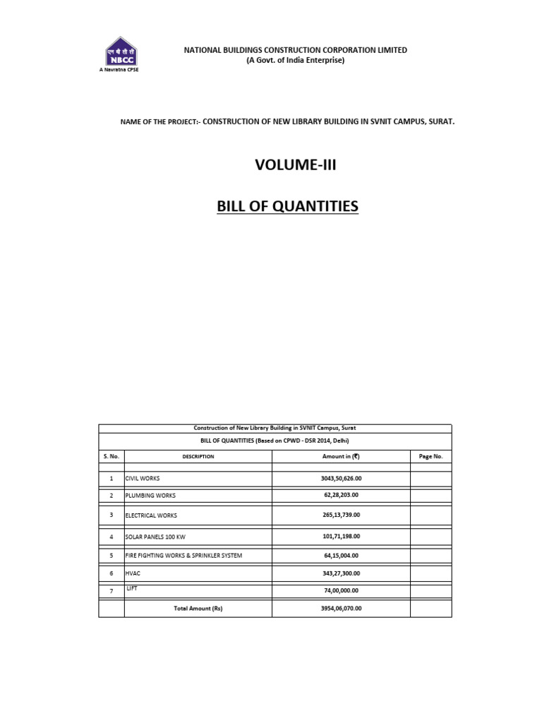 Bill of Quantities for SVNIT Library | PDF | Concrete | Cement