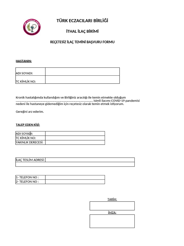 Reetesiz Ilac Basvuru Formu Yenixlsx | PDF
