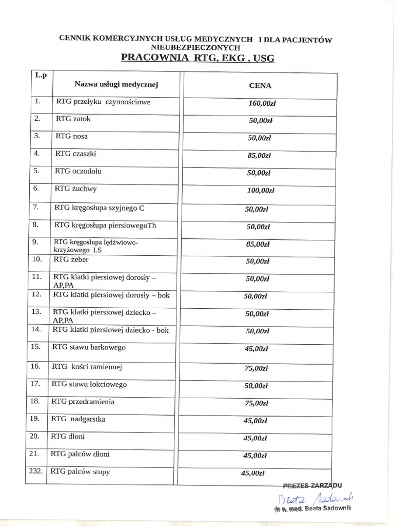 Cennik Komercyjnych Us Ug Medycznych RTG Usg Ekg | PDF