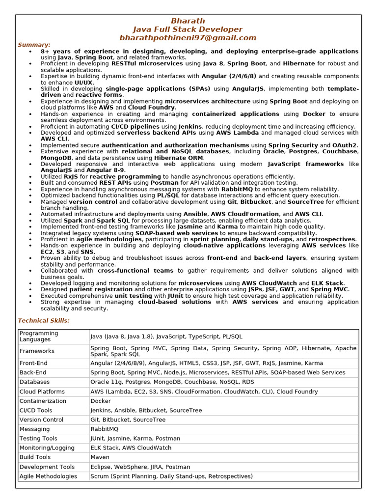 P Bharath Java FSD Resume | PDF | Spring Framework | Angular Js P Bharath Java FSD Resume | PDF | Spring Framework | Angular Js