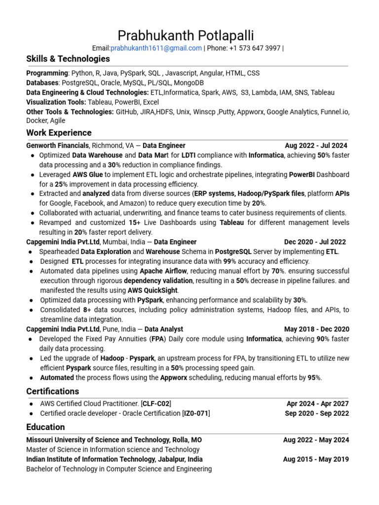DE_Resume_Prabhu | PDF | Apache Spark | Postgre Sql