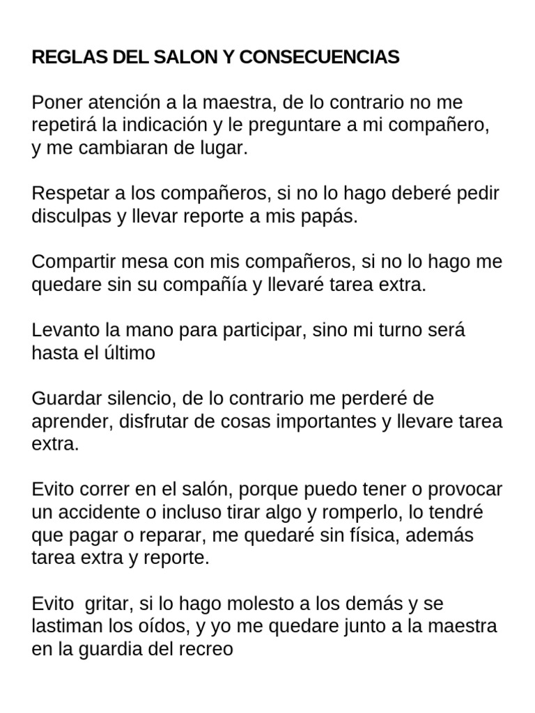 Reglas y Consecuencias en el Salón | PDF | Artes del Lenguaje y ...