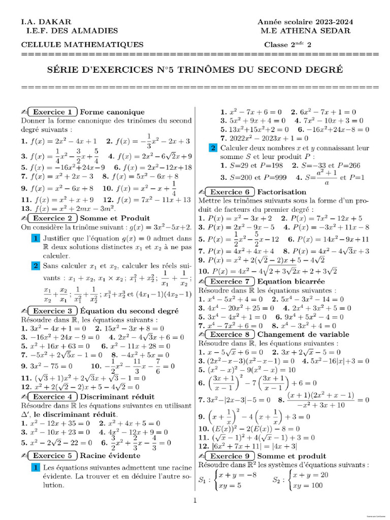 Trinome Du Second Degre 2S ATHENA 23-24 | PDF